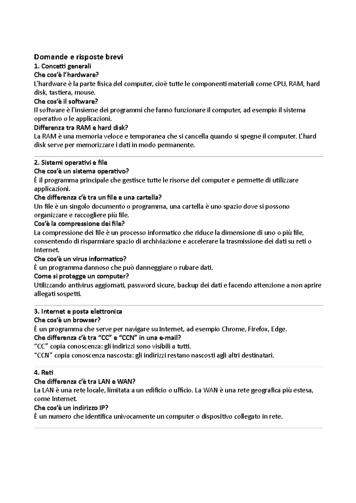 Domande e Risposte Brevi: Informatica di Base (04) - Studocu