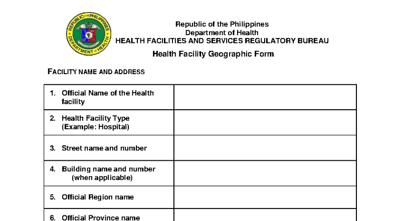 Health Facility Geographic Form - Philippines DOH 2021 - Studocu