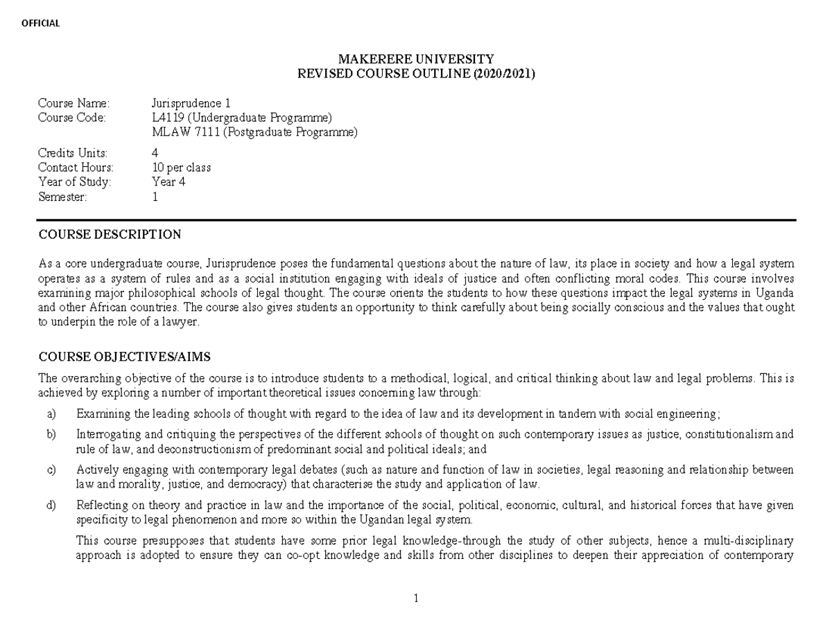 1 Jurisprudence Reading List Sem 1 - MAKERERE UNIVERSITY REVISED COURSE ...