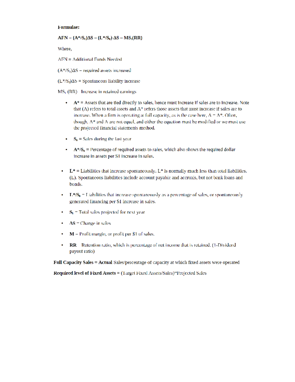 AFN - Additional Funds Needed Summary and Formulae Overview - Studocu