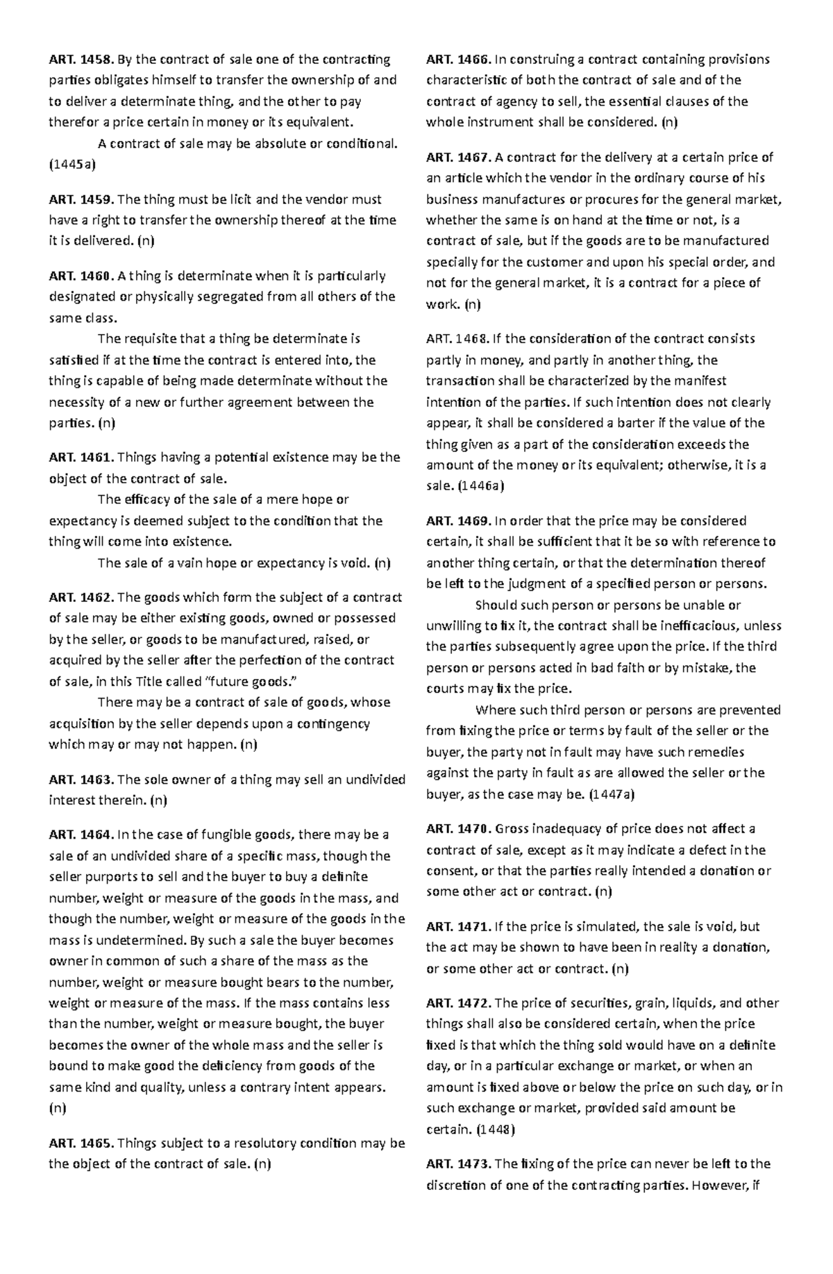 Codal Provisions: Articles 1458-1488 on Sales, Agency, and Credit ...