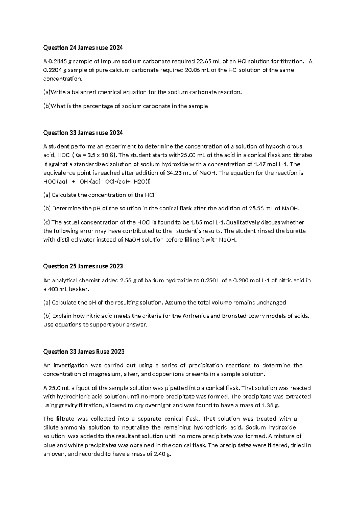 Module 6 Practice Questions: Titration & Precipitation Reactions - Studocu