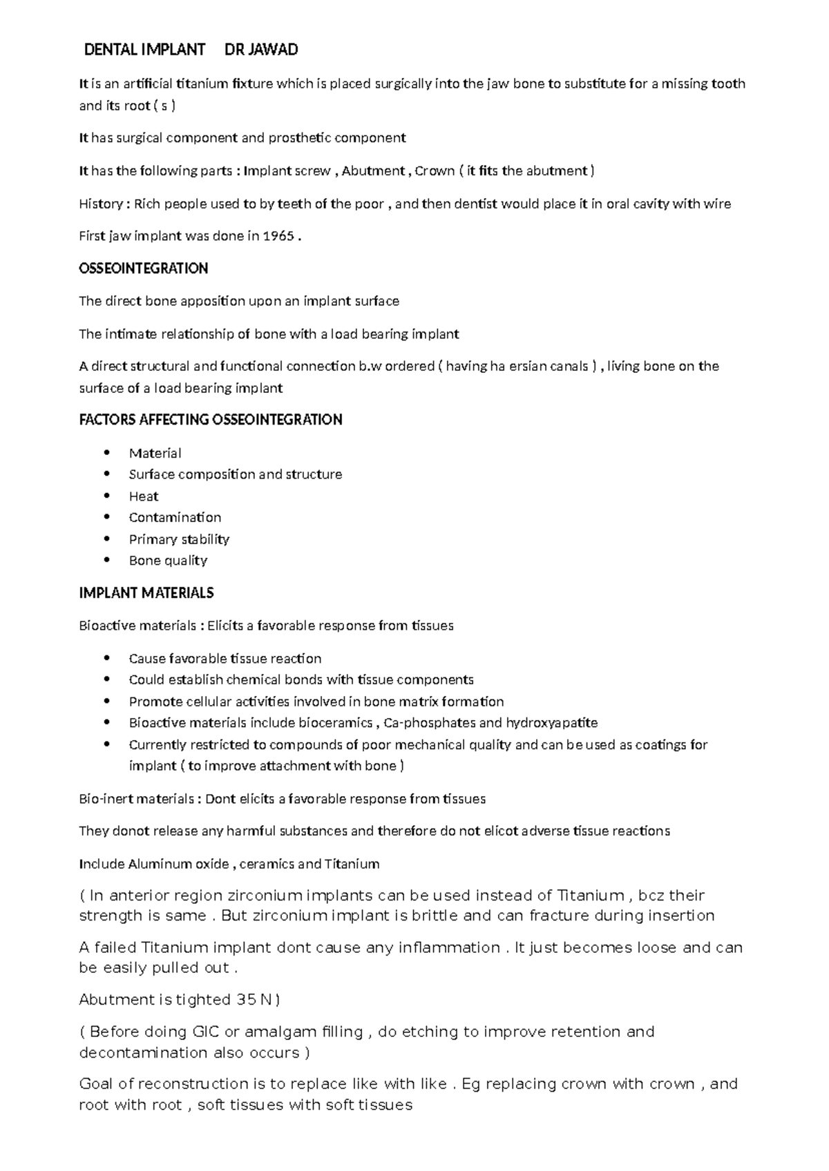 Dental Implant - OMFS Notes (Dr. Jawad) - Studocu