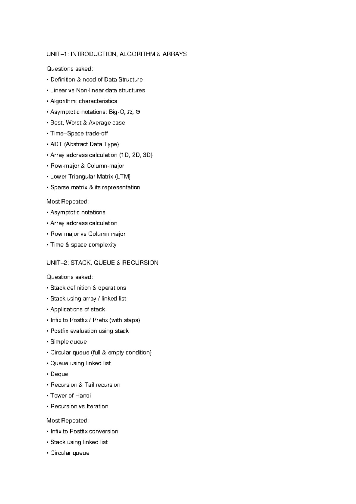 Data Structures (CS101) Unitwise Analysis & Key C Programs - Studocu