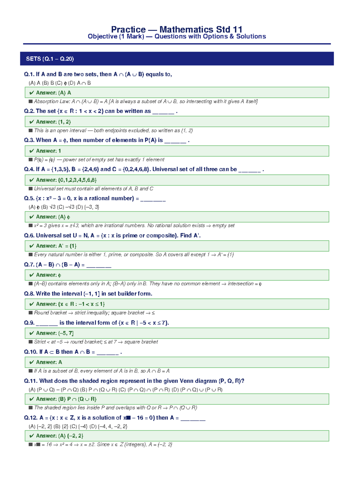 Math Std 11 Full Solutions: Objective Questions on Sets and More - Studocu