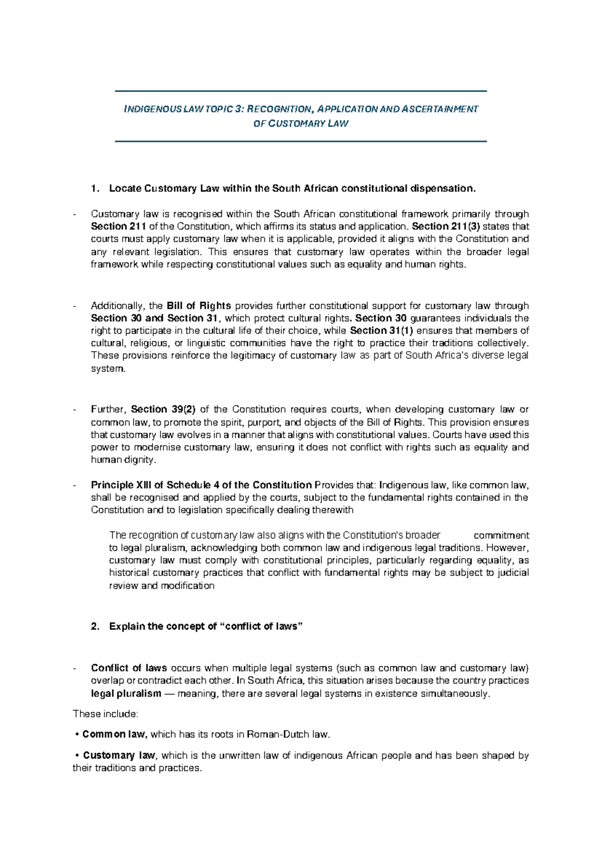 INDIGENOUS LAW TOPIC 3: CUSTOMARY LAW RECOGNITION & CONFLICT IN SA ...