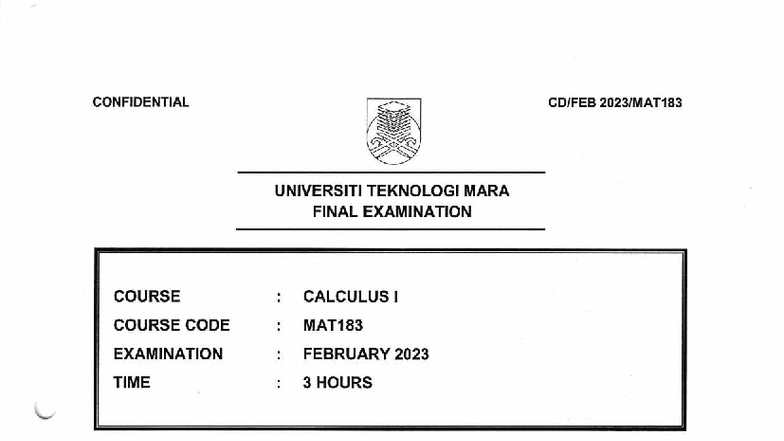 MAT183 FINAL EXAMINATION PAST YEAR PAPER - CALCULUS I - Studocu