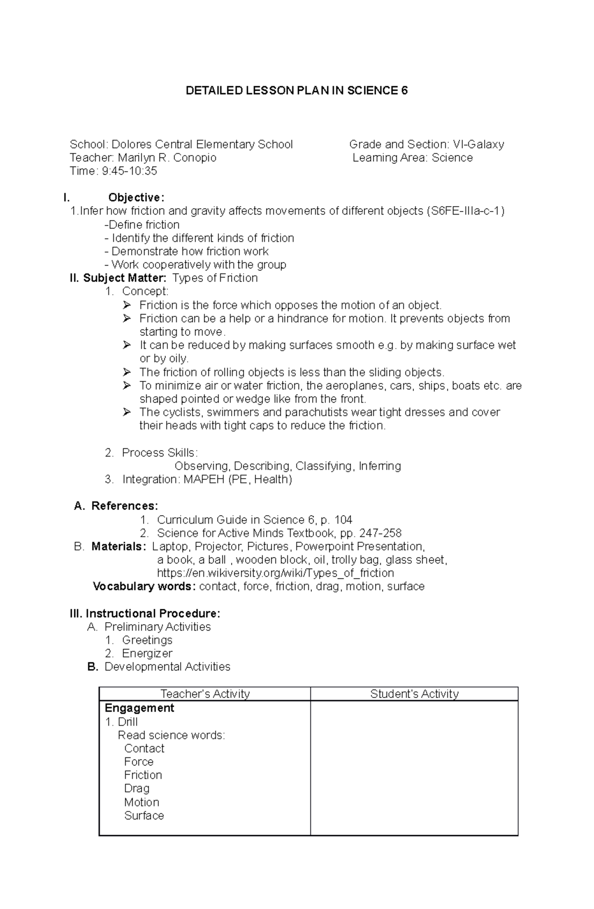 Detailed Lesson Plan: Science 6 - Friction and Its Types (S6FE-IIIa-c-1 ...