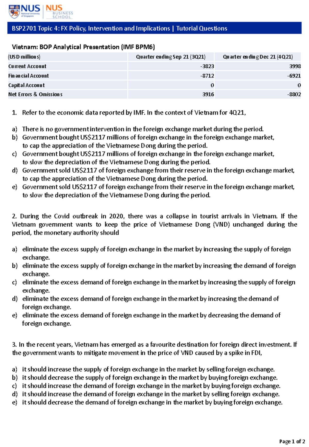 BSP2701 FX Policy: Intervention and Implications Tutorial Questions ...