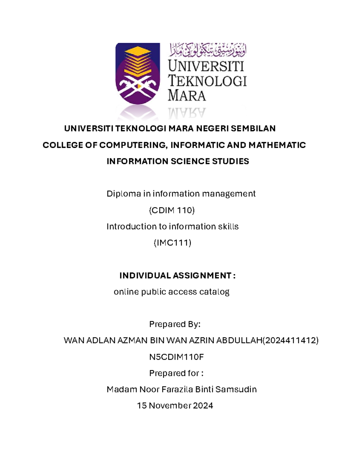 IMC 111 - Individual Assignment on Online Public Access Catalog - Studocu