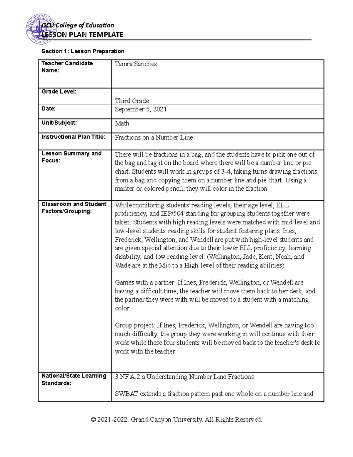 3rd Grade Math Lesson Plan: Fractions on a Number Line Template - Studocu