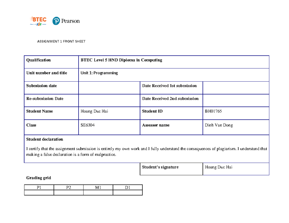 Programming Assignment 1 - ASSIGNMENT 1 FRONT SHEET Qualification BTEC Level 5 HND Diploma in ...
