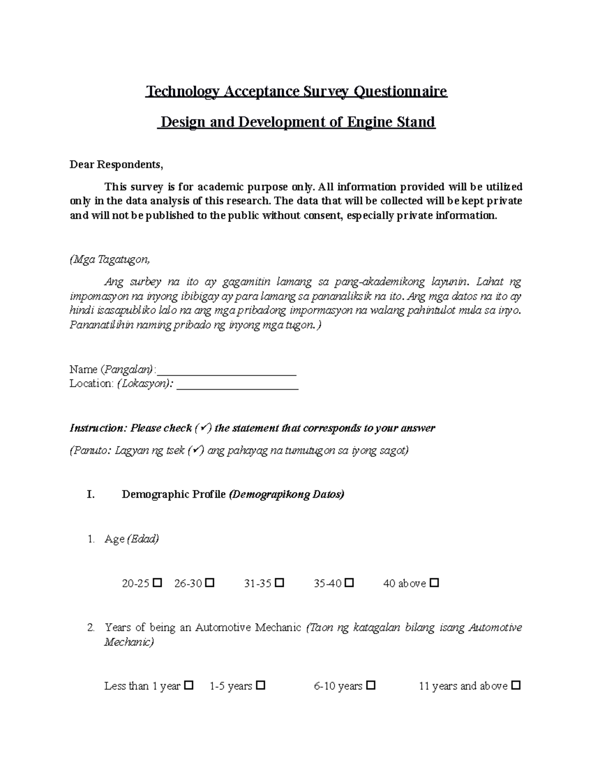 TAM- Technology Acceptance Survey Questionnaire for Engine Stand - Studocu