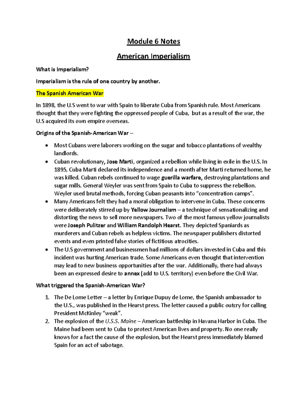 AMH 2020 Final Exam Notes: American Imperialism & the Spanish-American ...