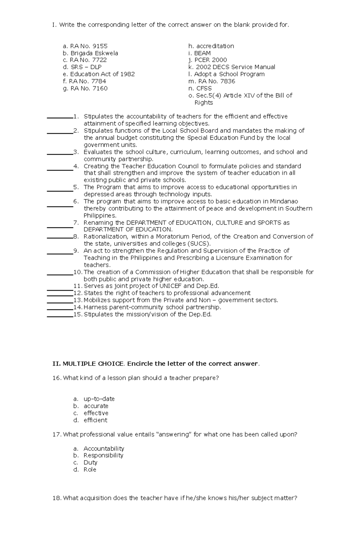 EDU 101: Legal and Professional Responsibilities of Teachers Quiz - Studocu