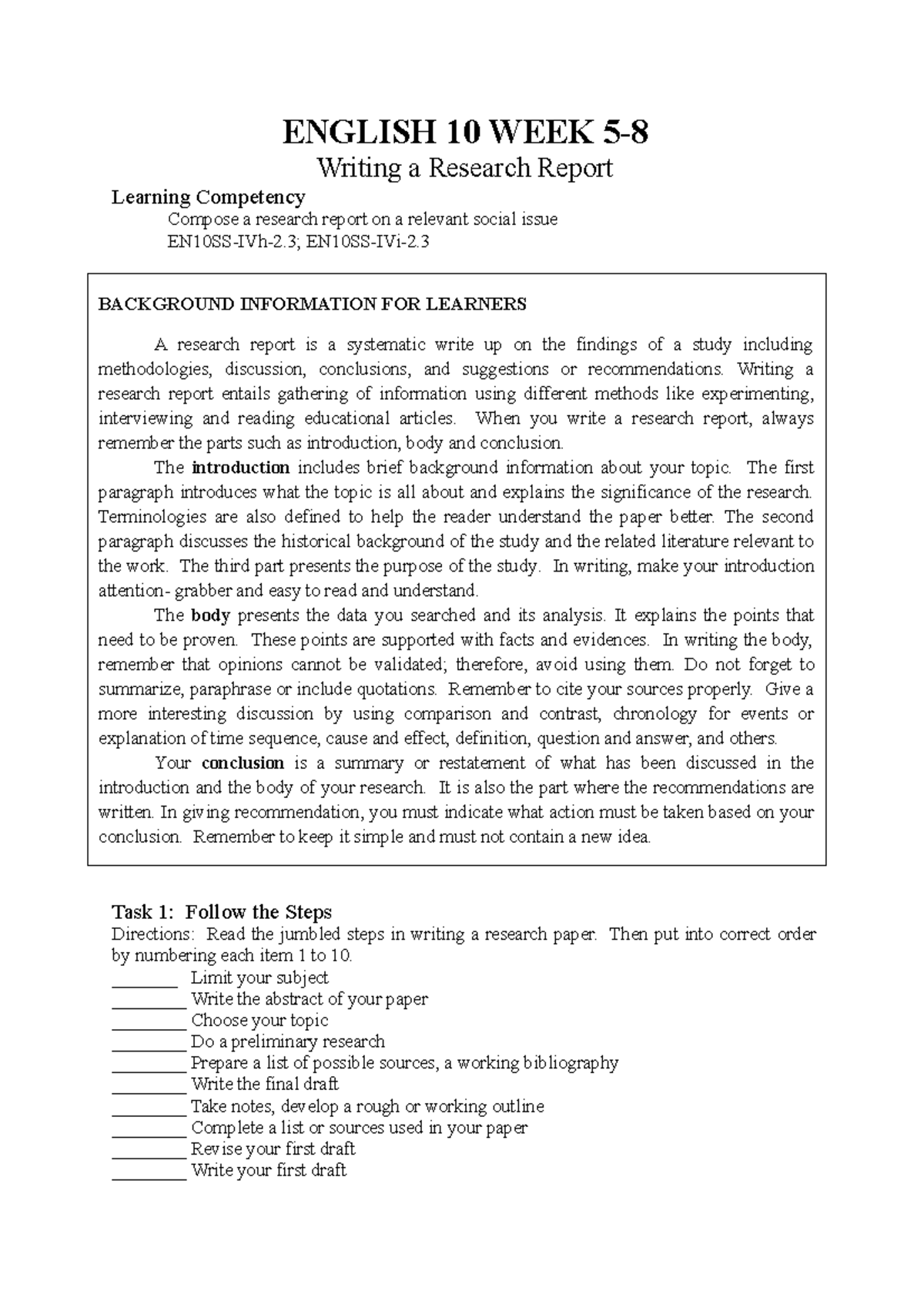 English 10 Q4 Module 5 8 - ENGLISH 10 WEEK 5- Writing a Research Report ...