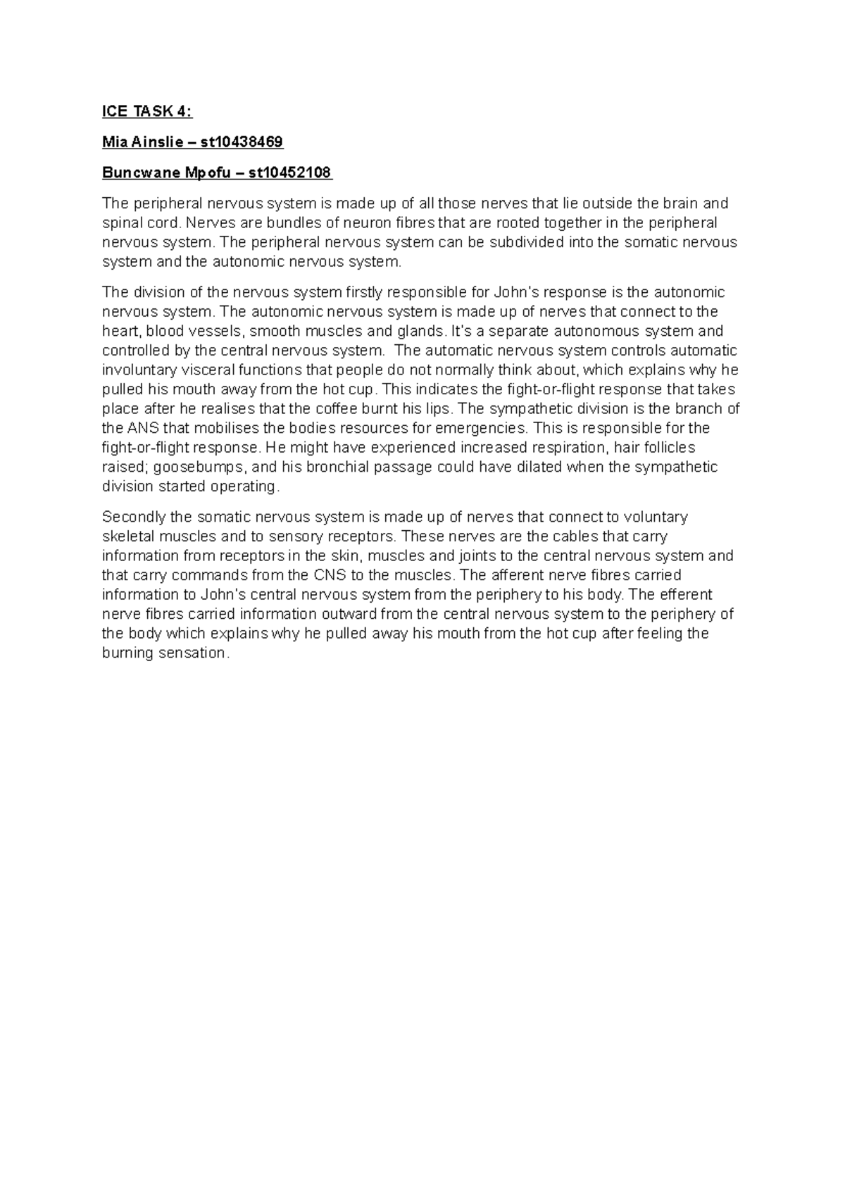 ICE TASK 4: Peripheral Nervous System Overview for Psychology - Studocu