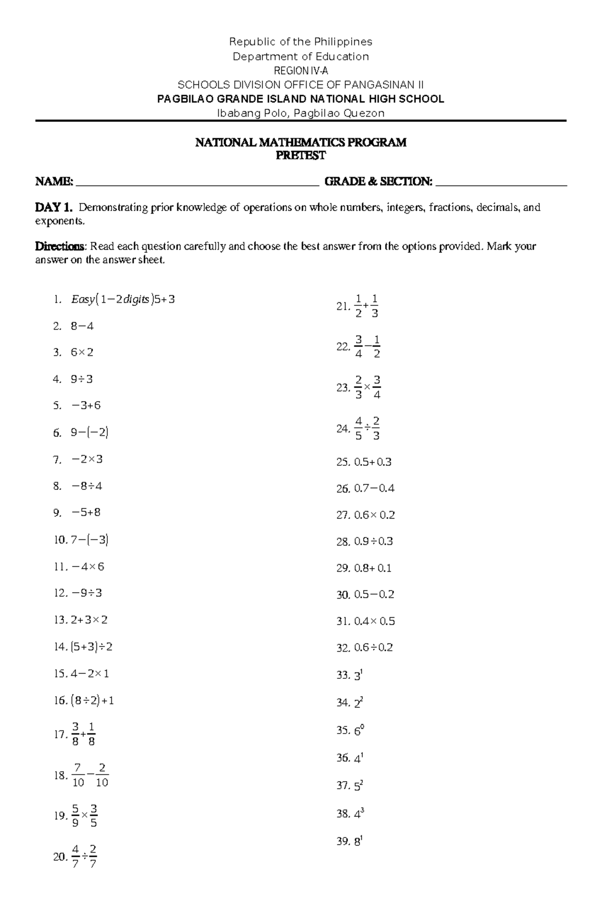 NMP JHS Worksheets W1: Intro to Whole Numbers & Operations - Studocu