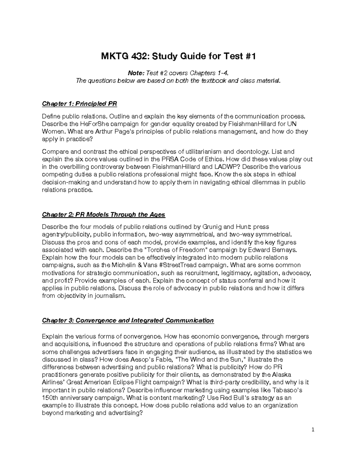 MKTG 432: Comprehensive Study Guide for Test #1 on PR Concepts - 1 MKTG ...