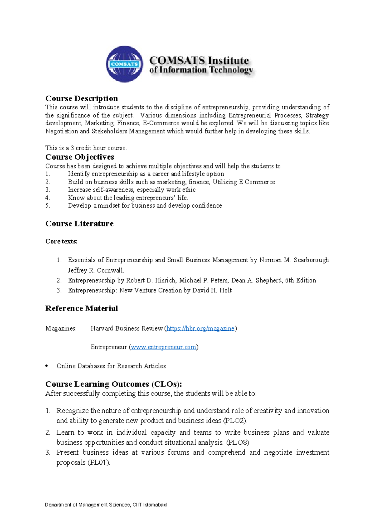 Entrepreneurship - Course Outline (BBA 101) - Studocu