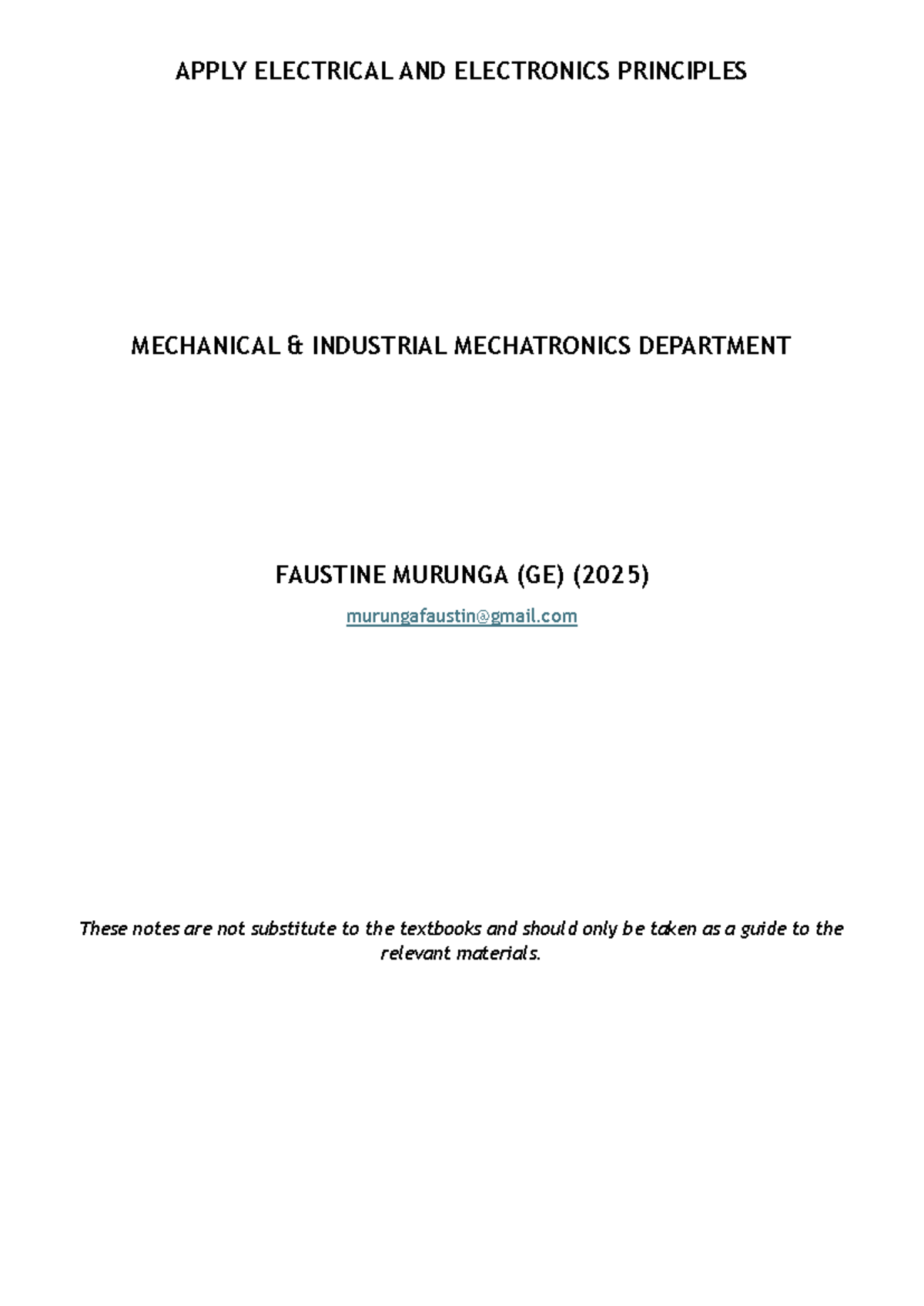 Electrical & Electronics Principles Notes - MECH 2025 - Studocu