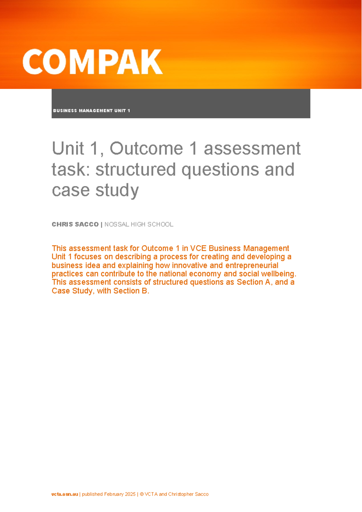 BUSINESS MANAGEMENT UNIT 1: OUTCOME 1 ASSESSMENT TASK & CASE STUDY ...
