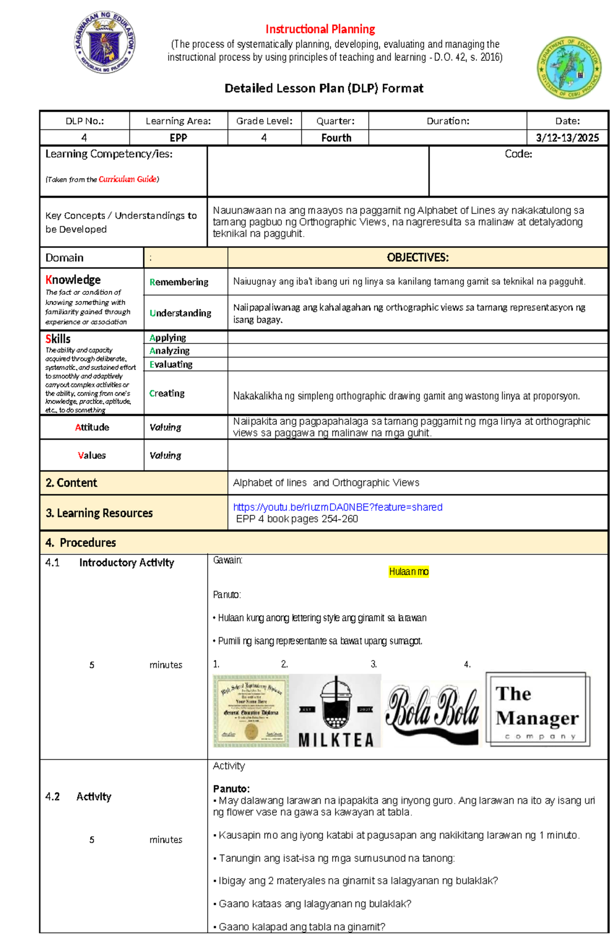 DLP in EPP 4 (12-13) Lesson Plan on Alphabet of Lines and Views - Studocu