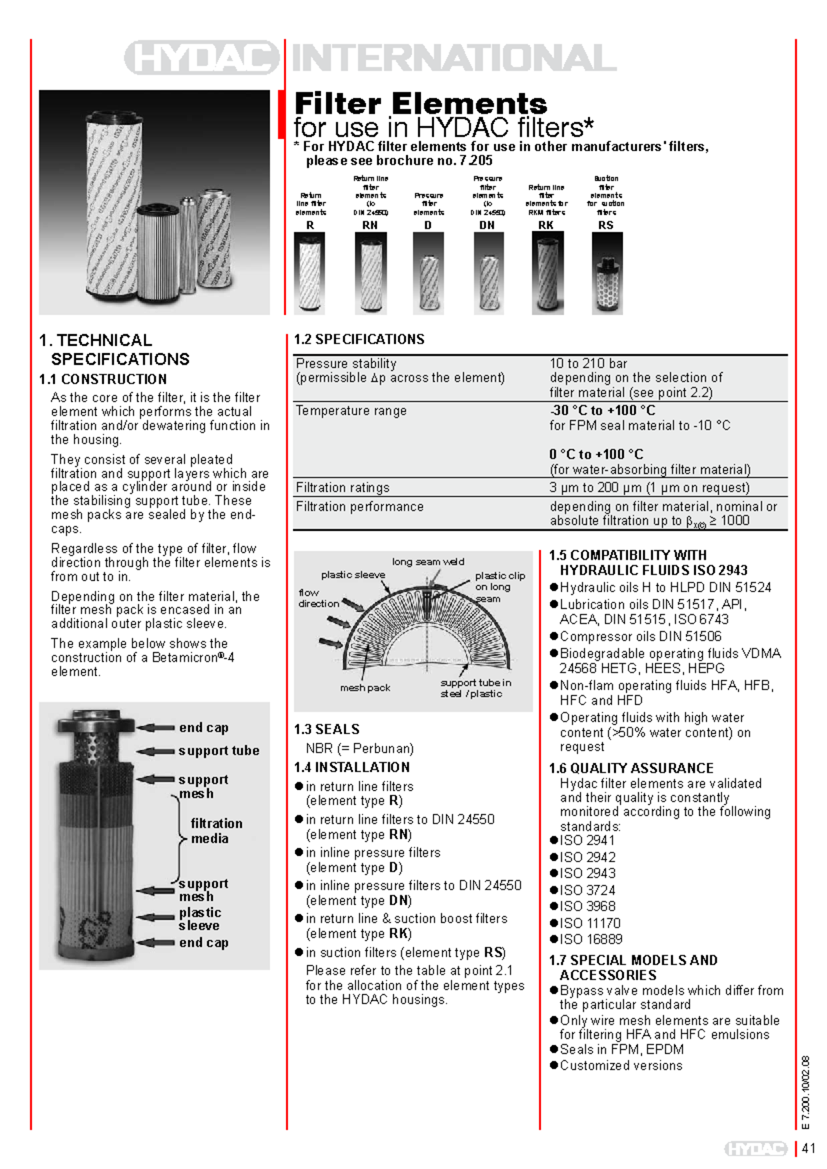 HYDAC Filter Elements Specifications and Compatibility Guide - Studocu