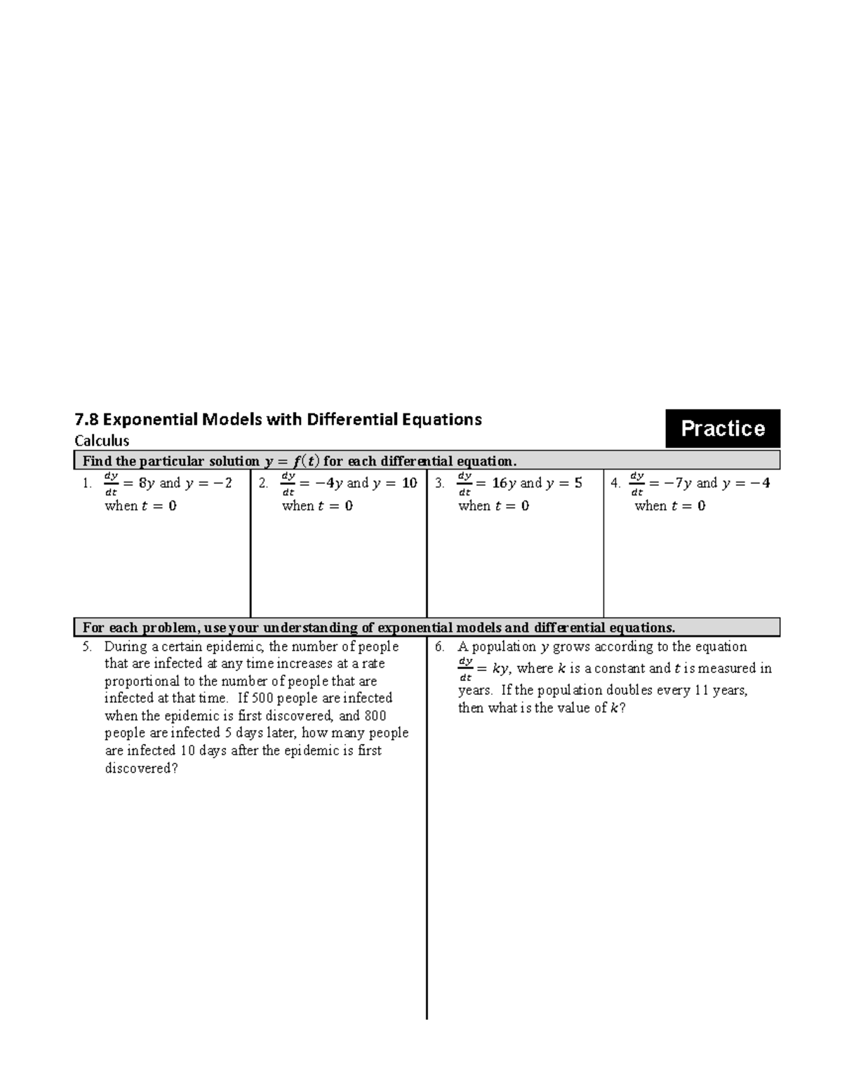7.8 Practice - Differential Equations and Exponential Models - Studocu