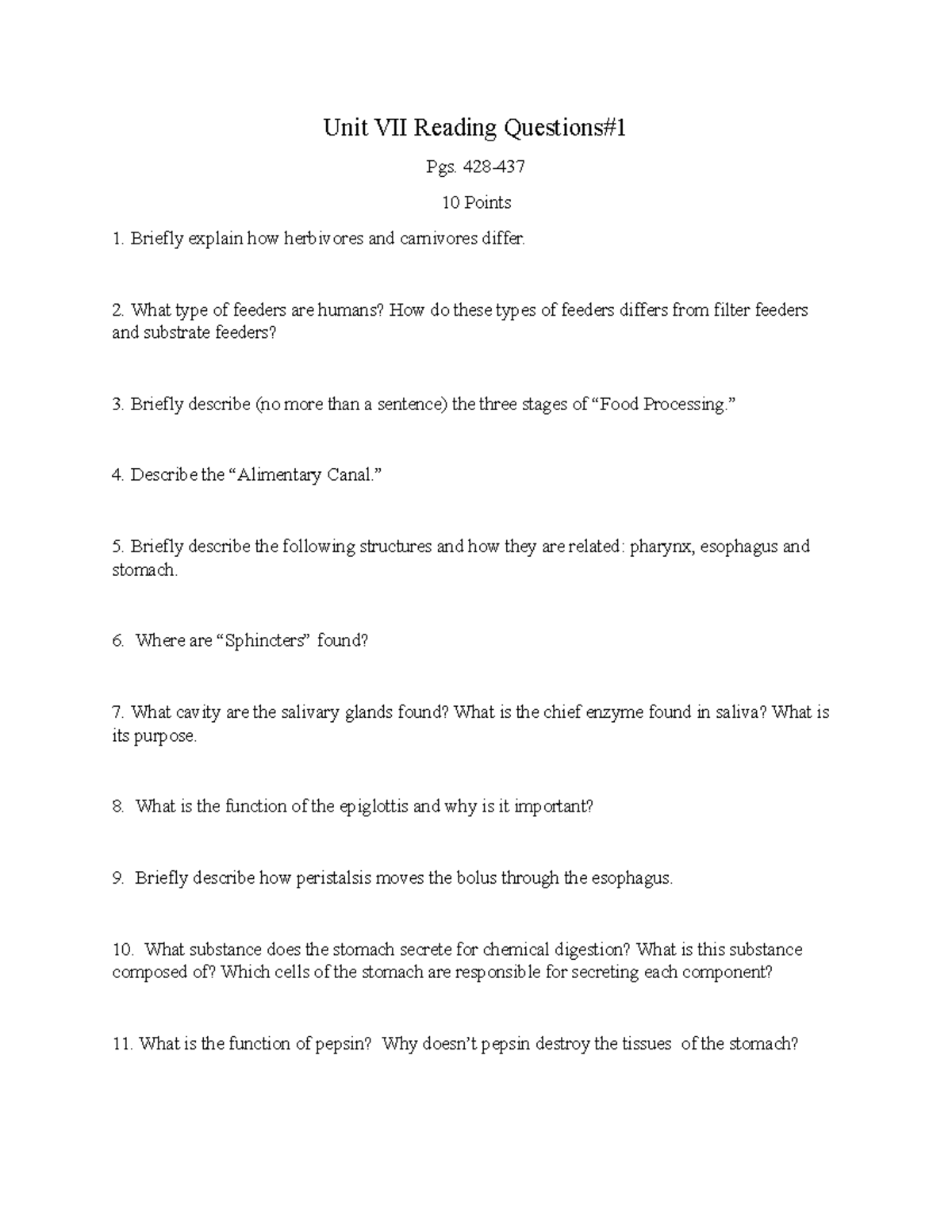 biology things - Unit VII Reading Questions# Pgs. 428- 10 Points 1 ...