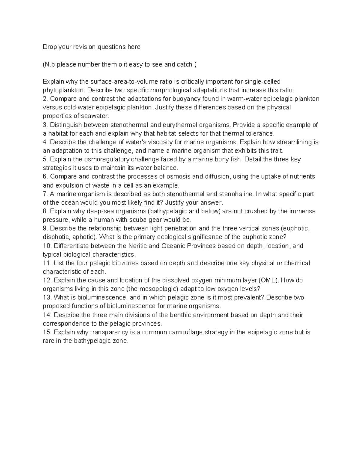 Marine Biology Revision Questions: Key Concepts & Adaptations - Studocu