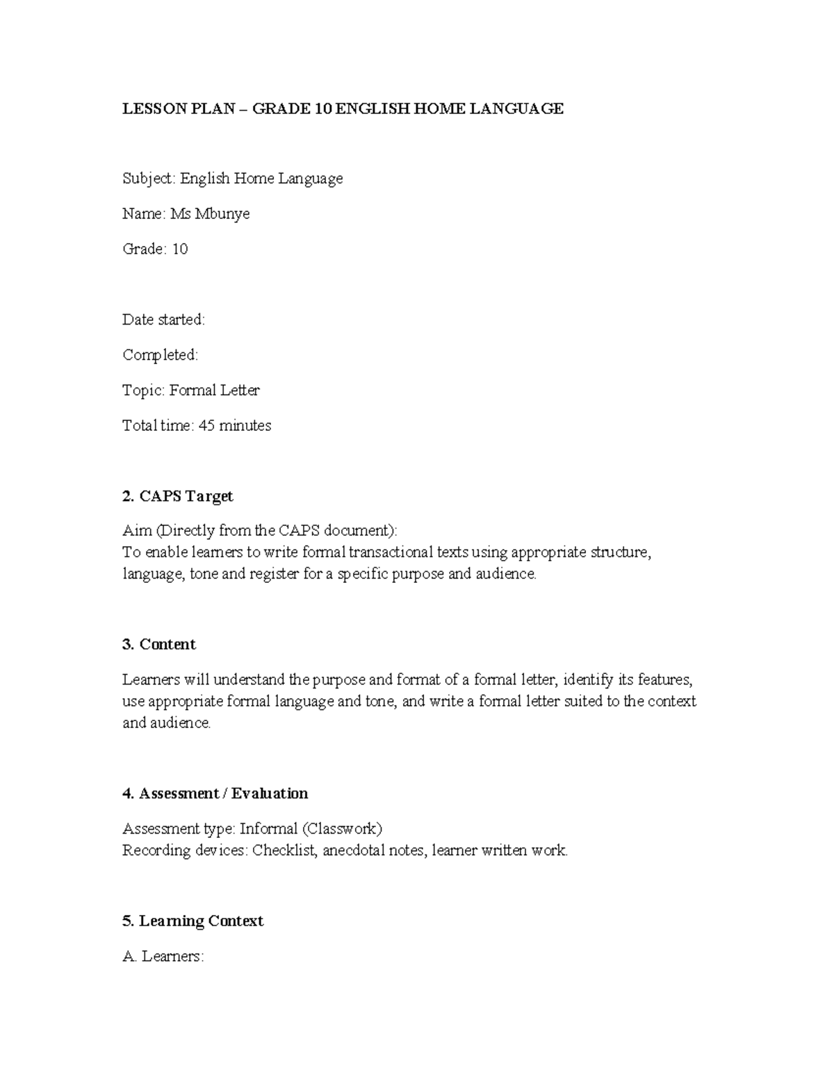 Grade 10 English Home Language Lesson Plan: Formal Letter Writing - Studocu