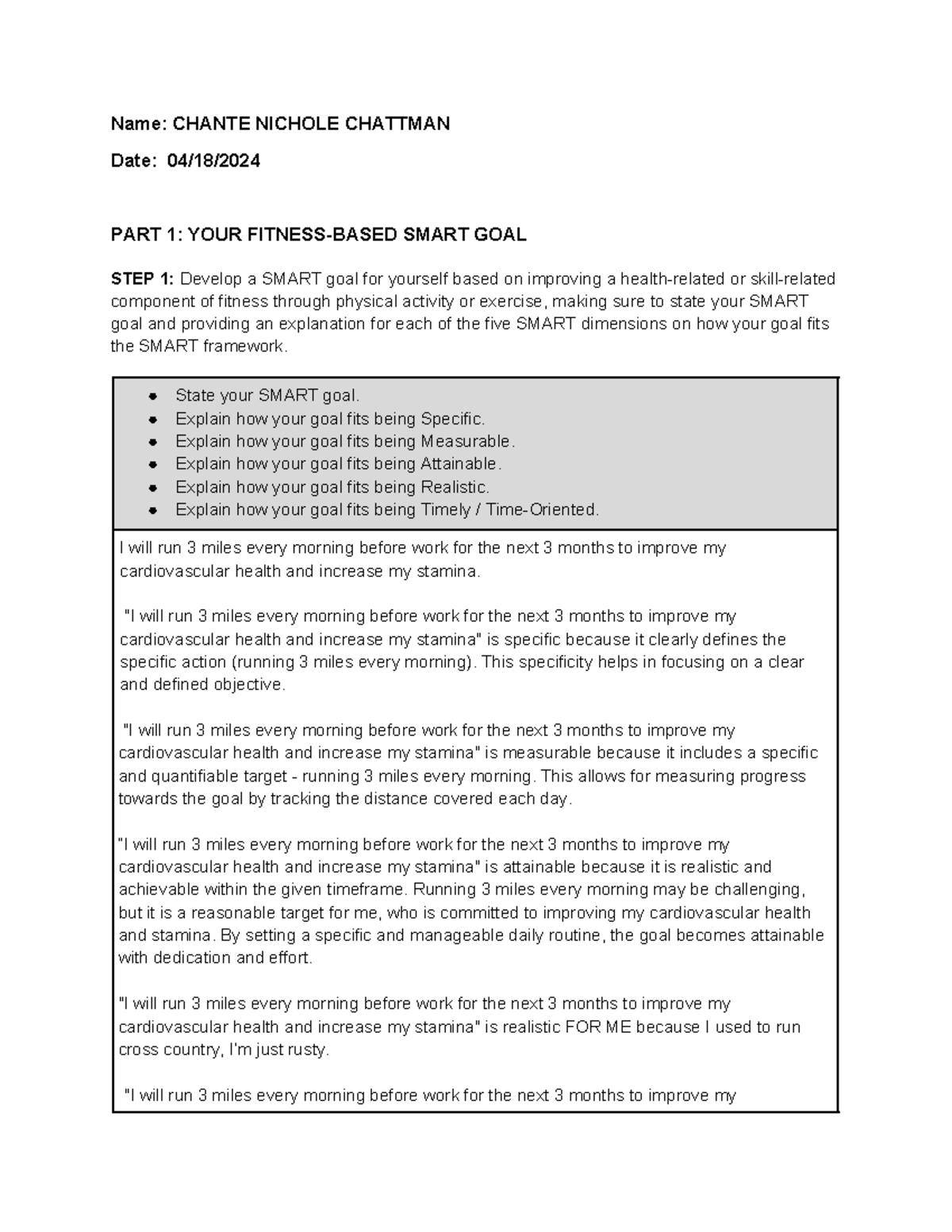 Health and Fitness SMART Goal - Touchstone 3 Template 3 - Studocu