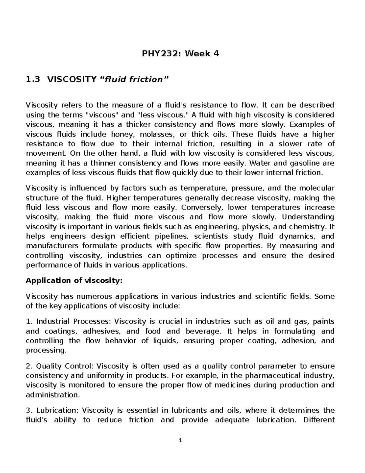 PHY232: Week 4 Viscosity and Its Applications in Fluid Dynamics - Studocu