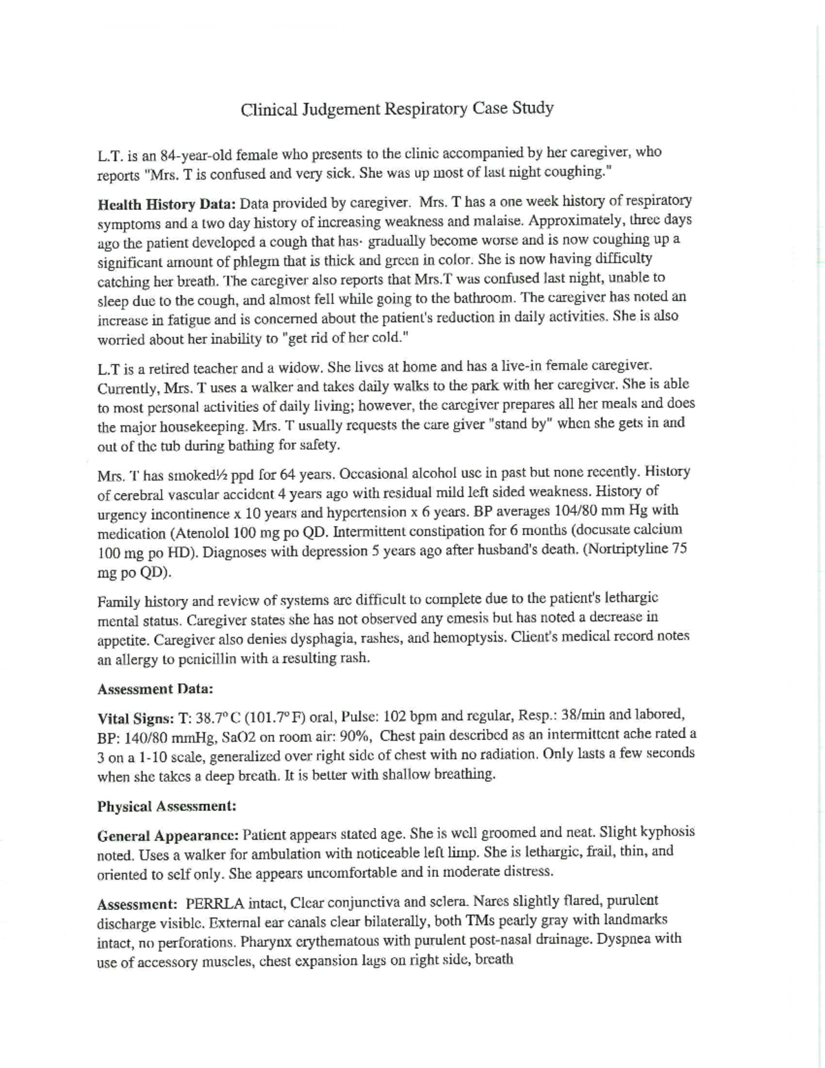 NRG 291C - Clinical Case Study: Respiratory Assessment of Mrs. T - Studocu