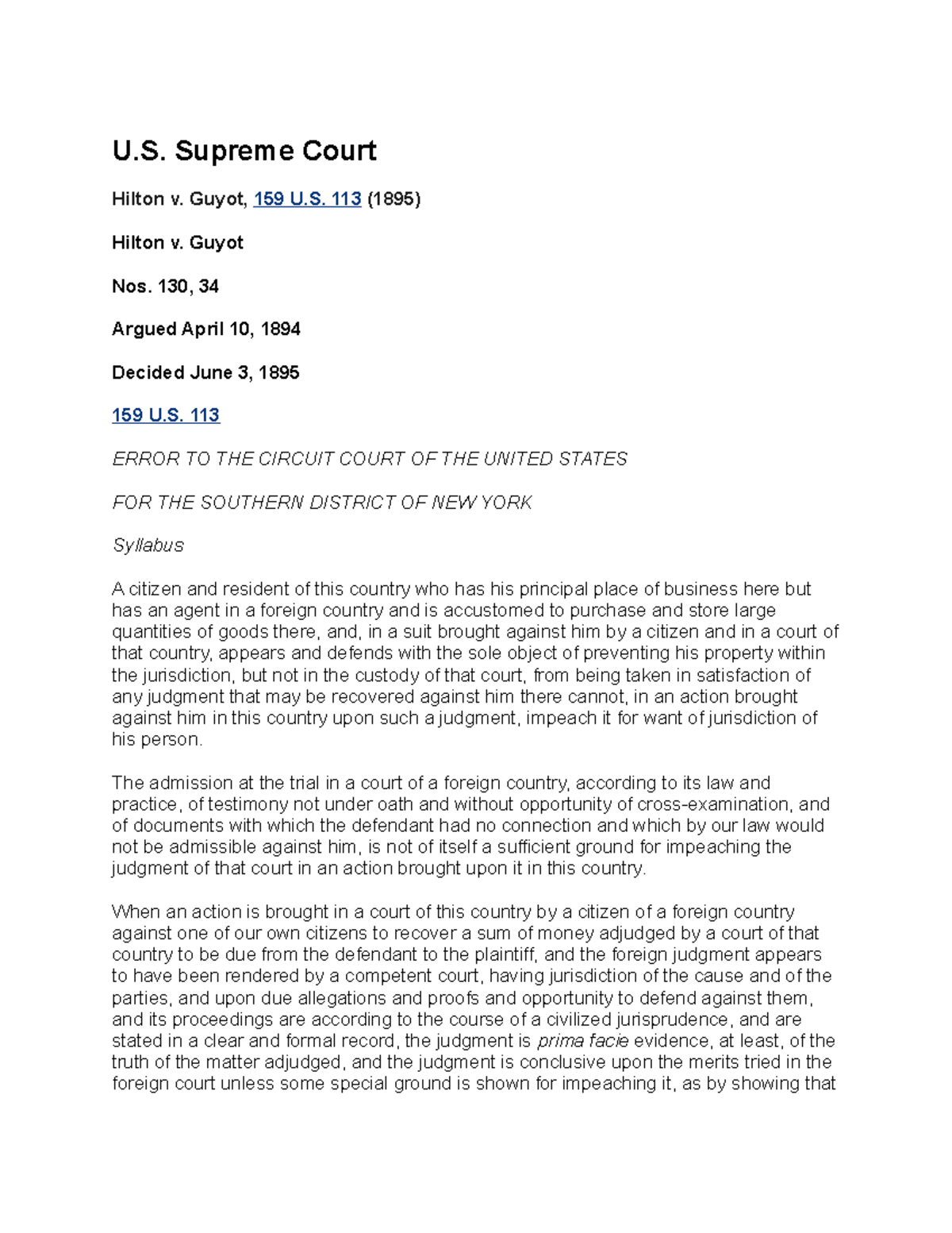 U.S. Supreme Court Case Study: Hilton v. Guyot, 159 U.S. 113 (1895 ...
