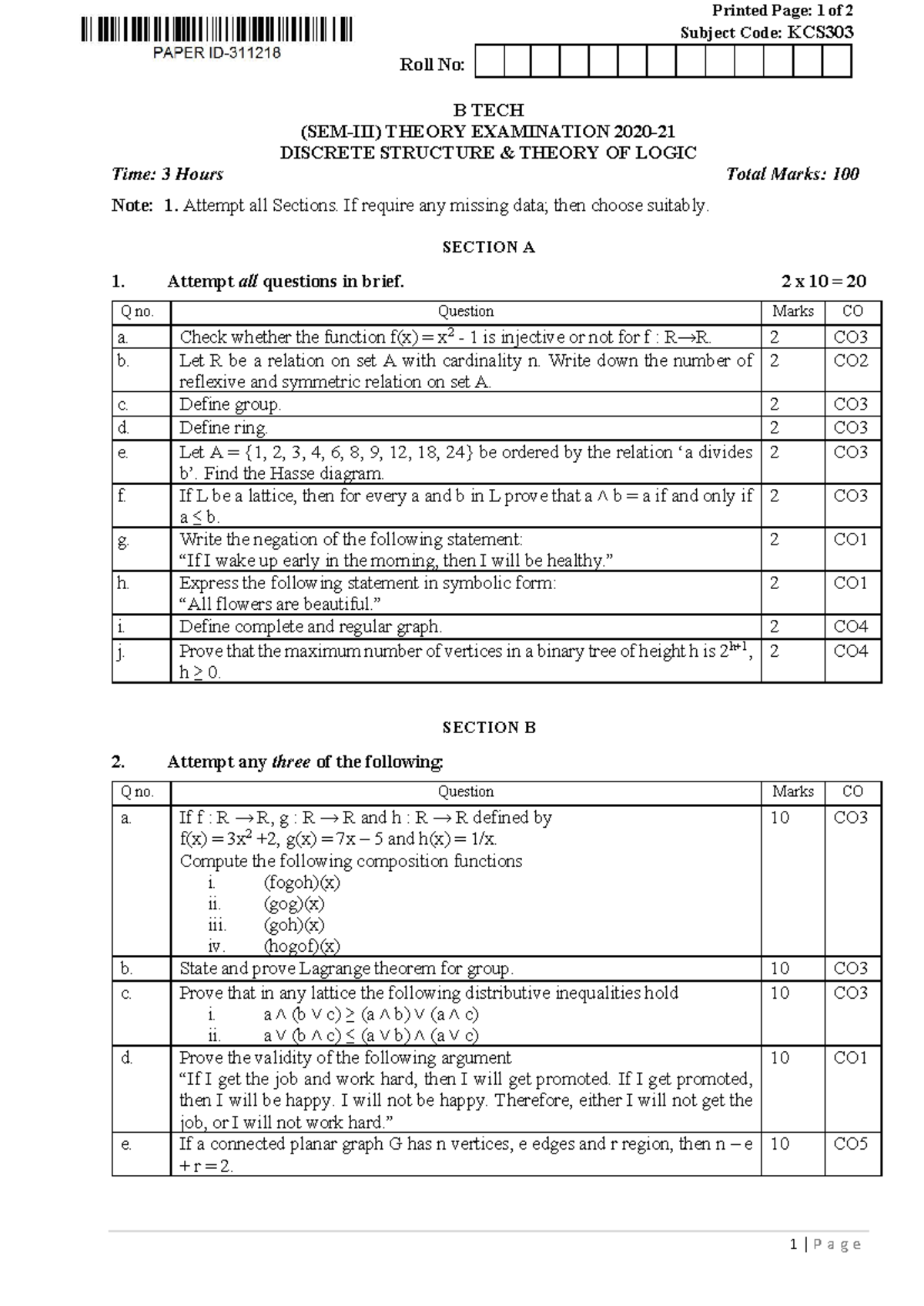 Btech cs 3 sem discrete structure and theory of logic kcs303 2021 - Printed Page: 1 of 2 Subject ...