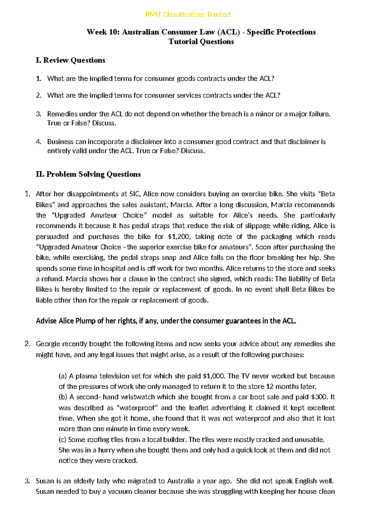Week 10 Tutorial Questions - RMIT Classification: Trusted Week 10 ...