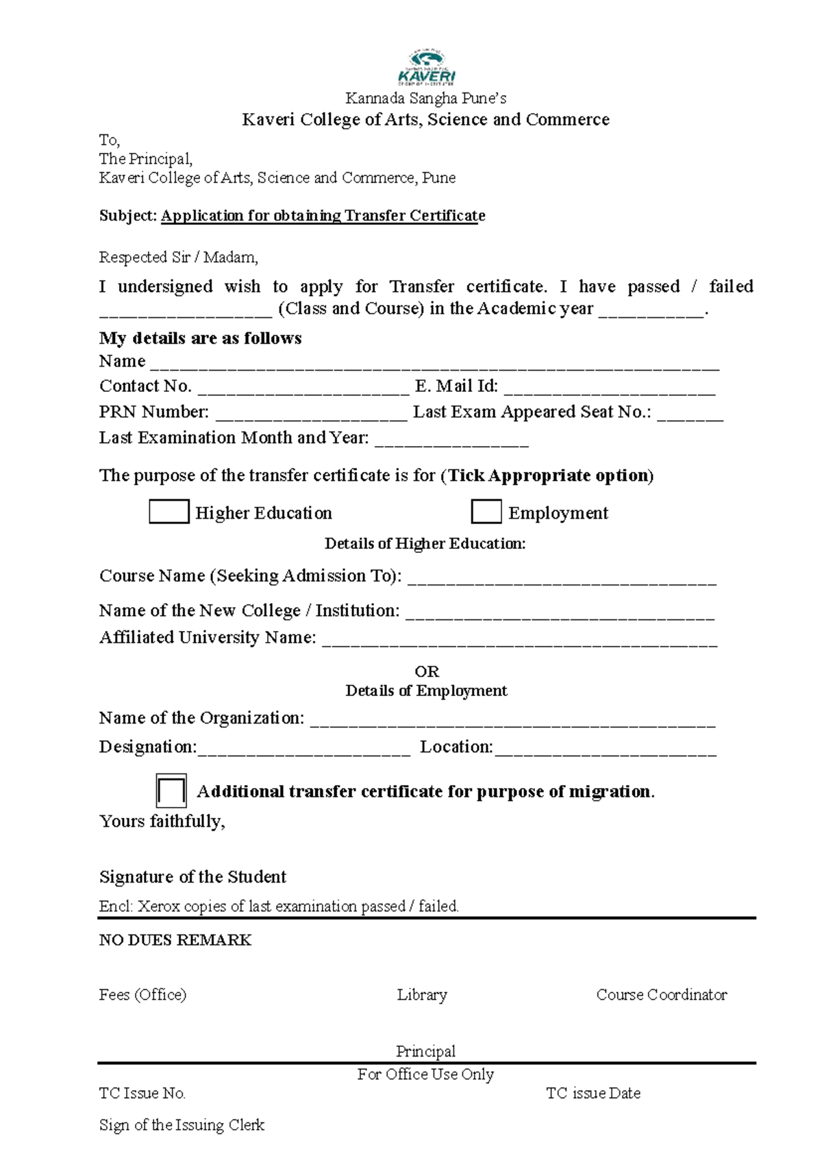 TC Application Form for Transfer Certificate - Kaveri College - Studocu
