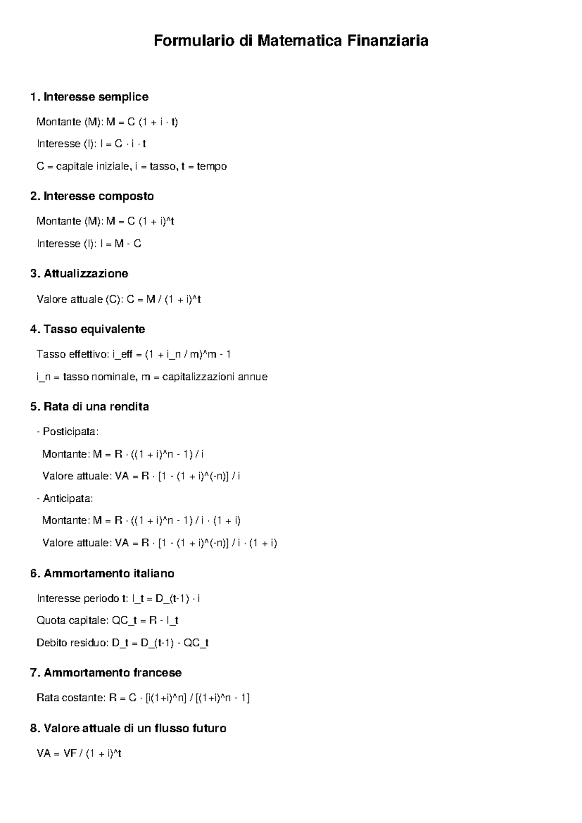Formulario di Matematica Finanziaria 1: Concetti e Formule Essenziali ...
