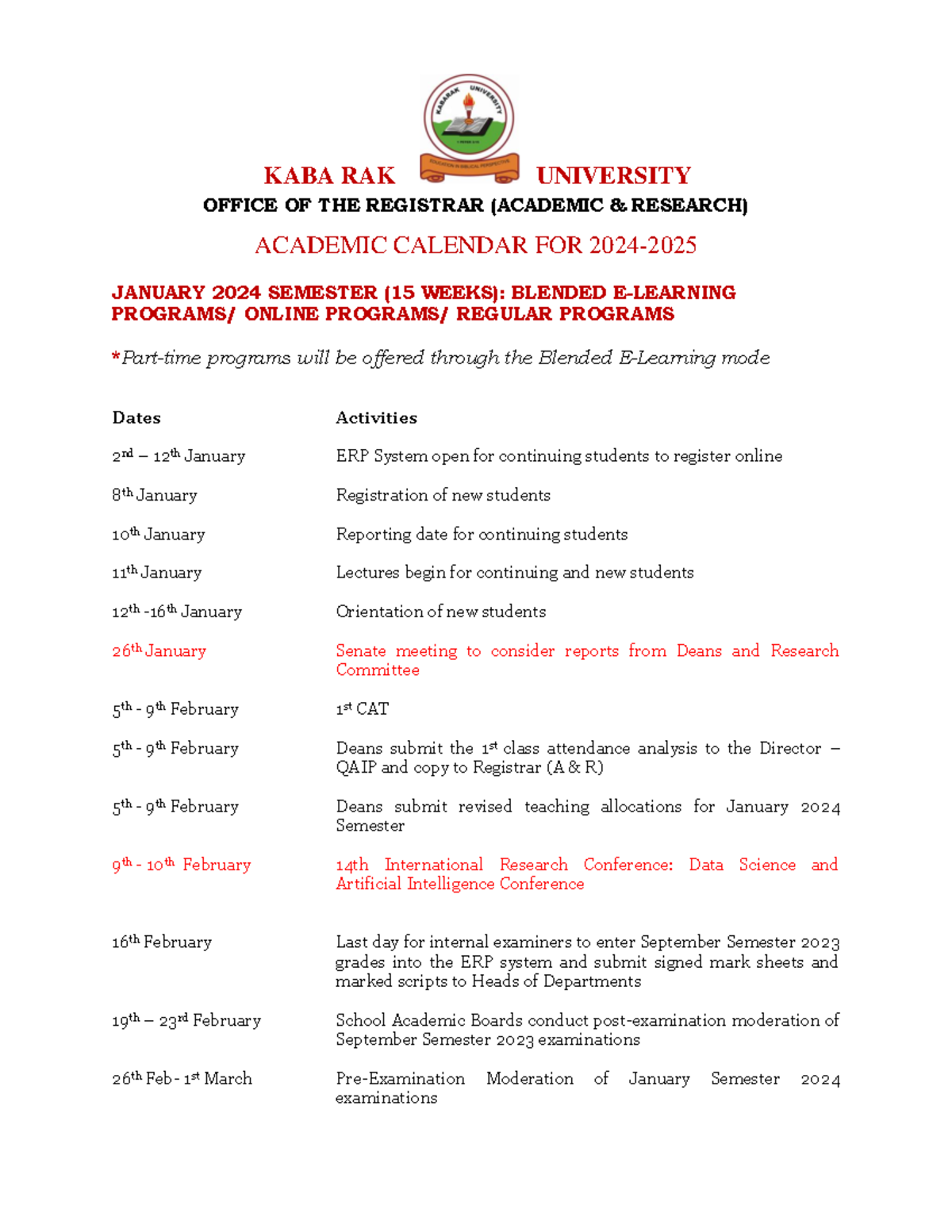 KABA RAK UNIVERSITY Academic Calendar (2024-2025) for Semesters - Studocu