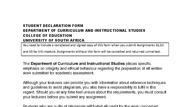 BTE2601 Student Declaration Form for Assignment Submission - Studocu