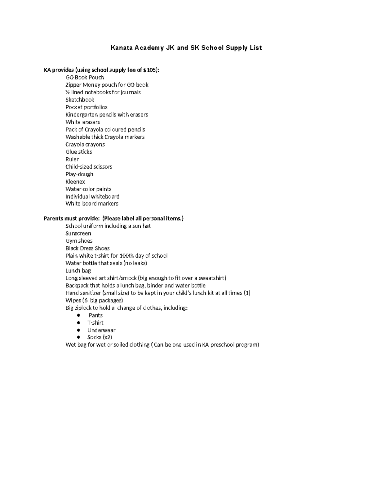 Junior & Senior Kindergarten Supply List KA - Studocu