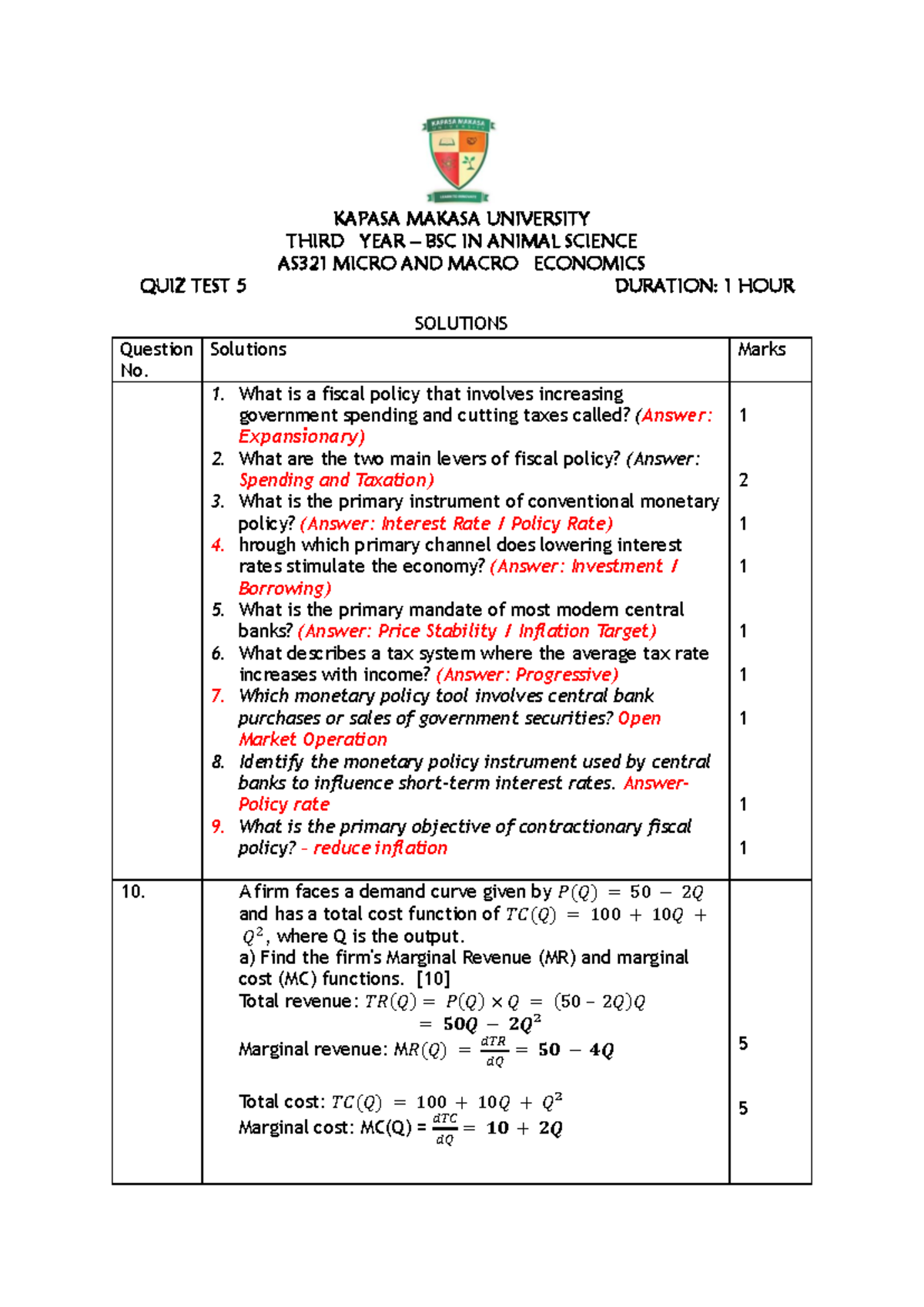 AS321 QUIZ 5 SOLUTIONS - KAPASA MAKASA UNIVERSITY BSC ANIMAL SCIENCE ...