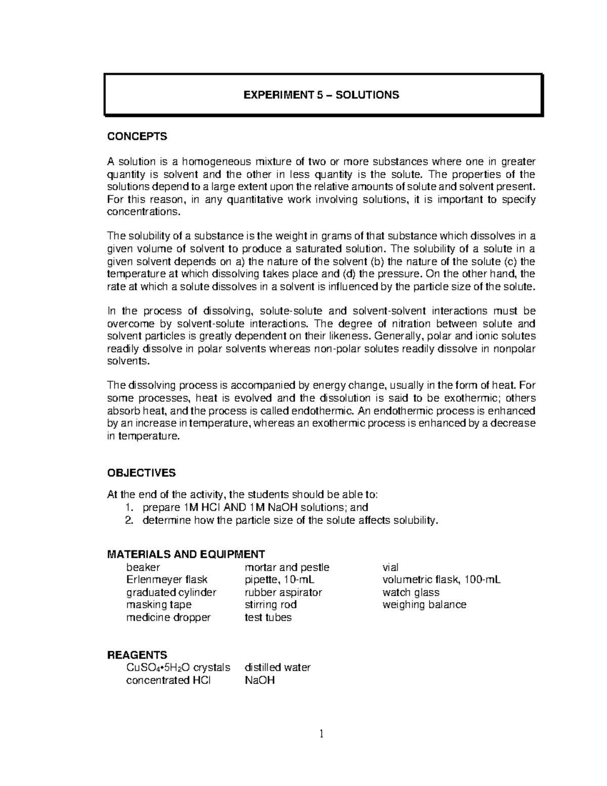 Expt 5 - Laboratory - EXPERIMENT 5 – SOLUTIONS CONCEPTS A solution is a ...