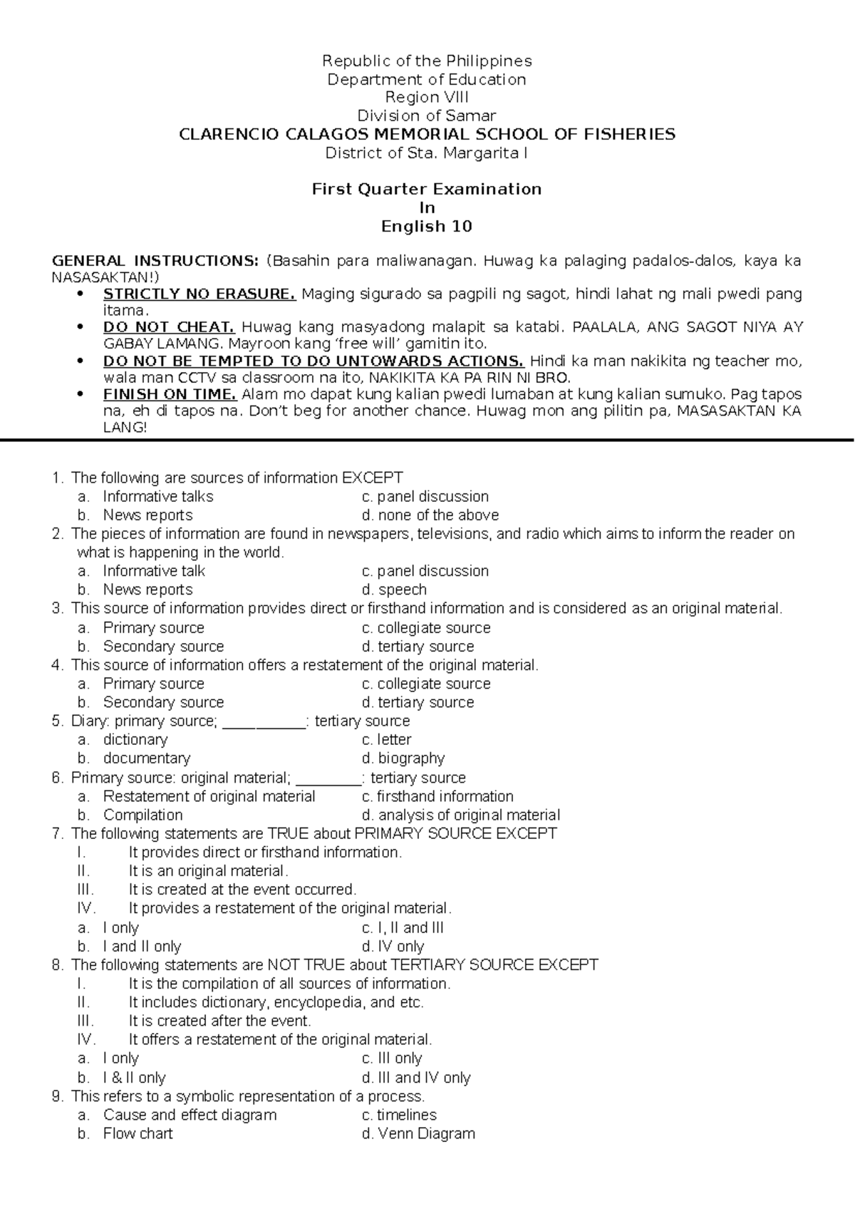 English 10 First Quarter Exam Review and Lesson Plans - Studocu