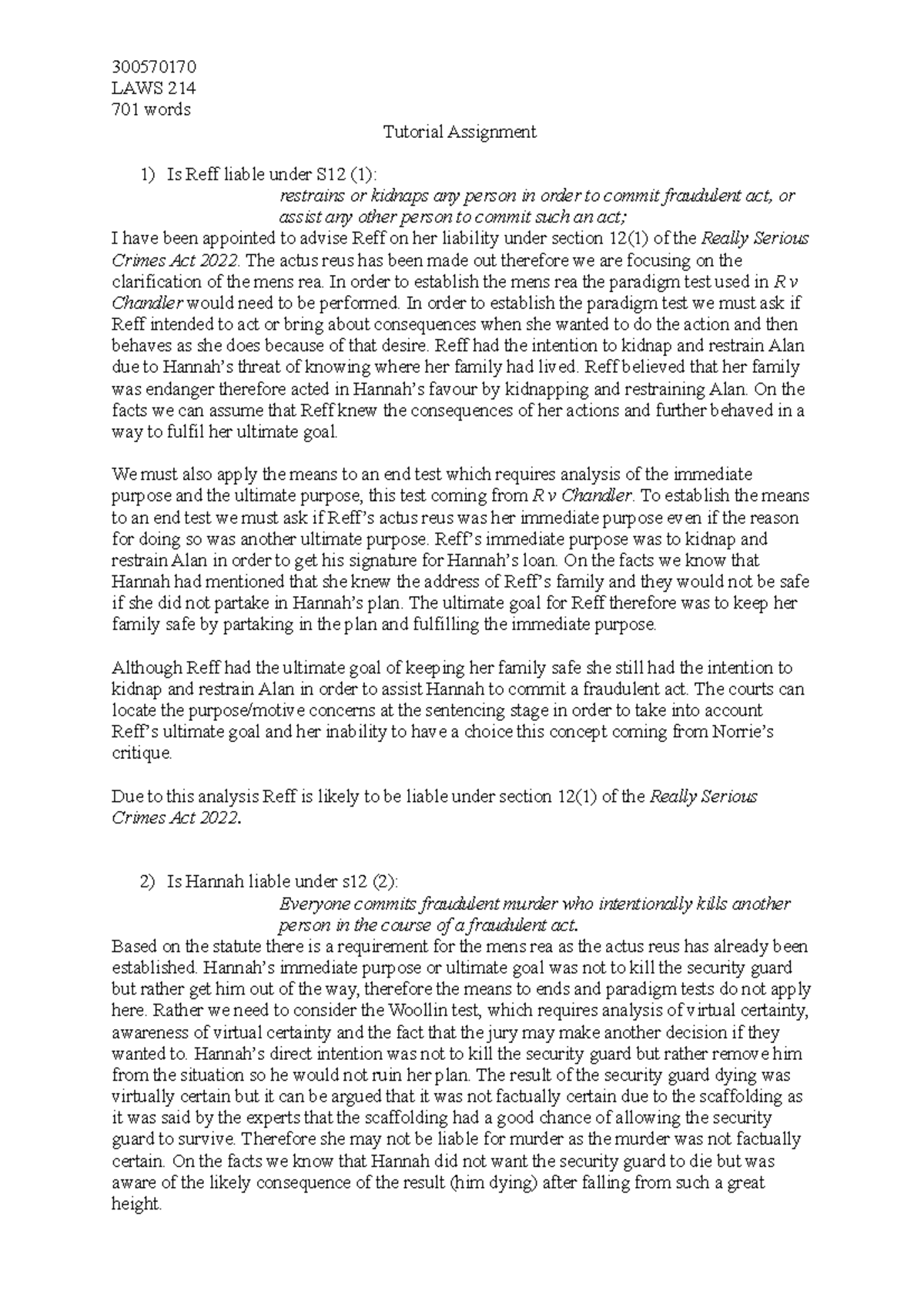 LAWS 214: Tutorial Assignment on Liability Under S12 of RSC Act 2022 ...