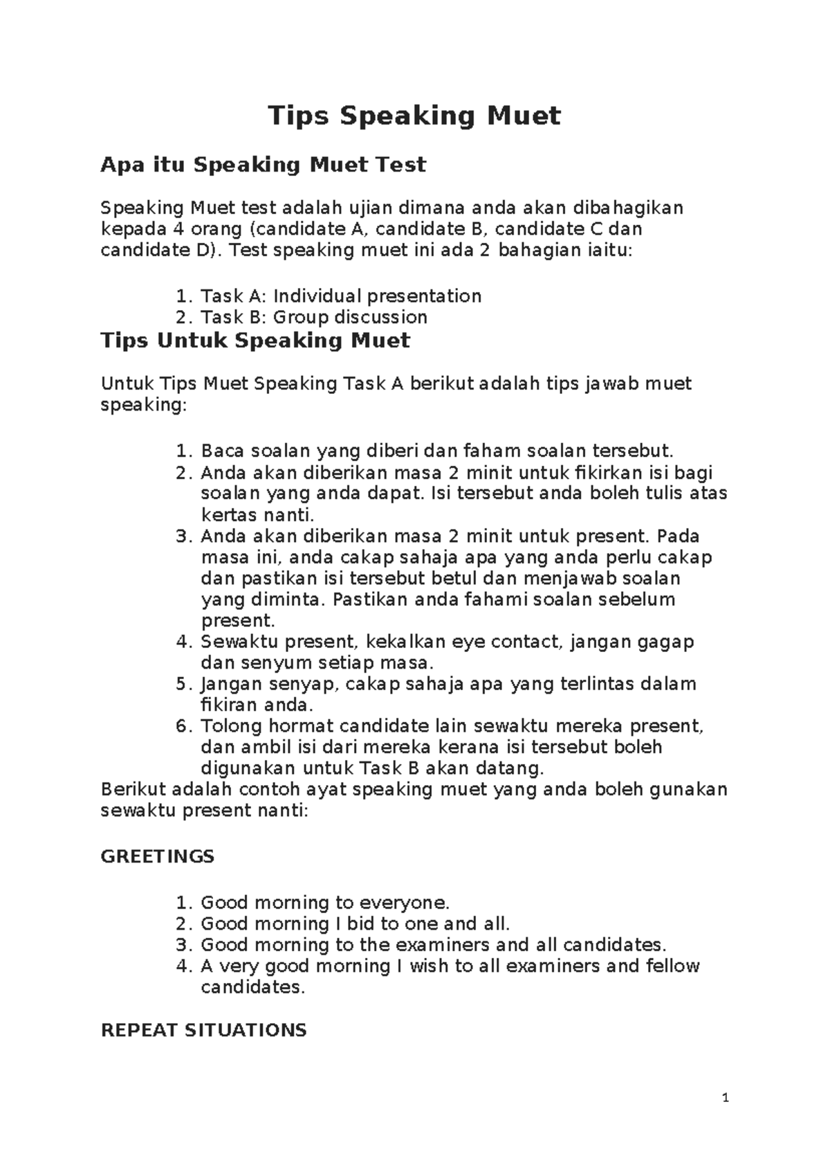 Tips untuk Ujian Speaking MUET: Panduan Task A & B - Studocu