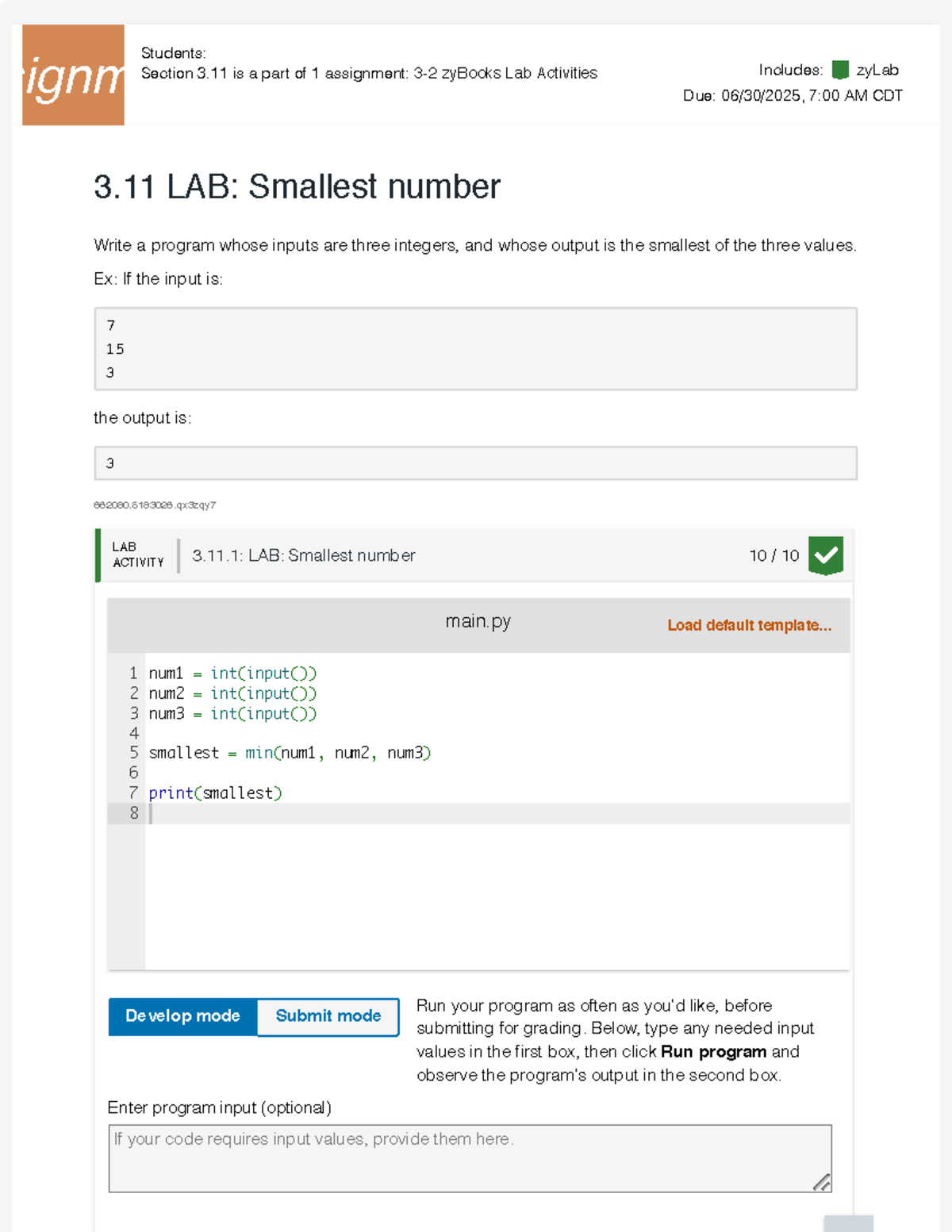 3.11 LAB: Finding the Smallest of Three Integers in zyBooks - Studocu