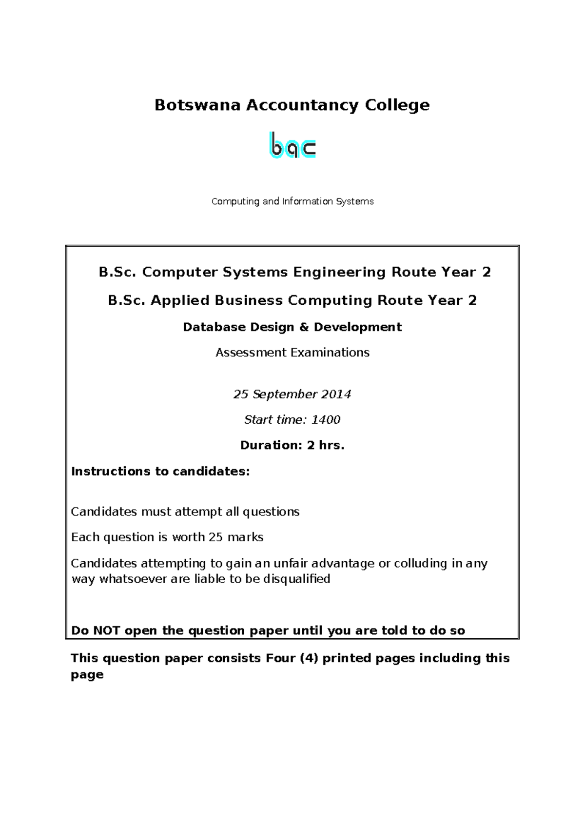 BCA 2014 Database Design Development Assessment Exam Guide - Studocu
